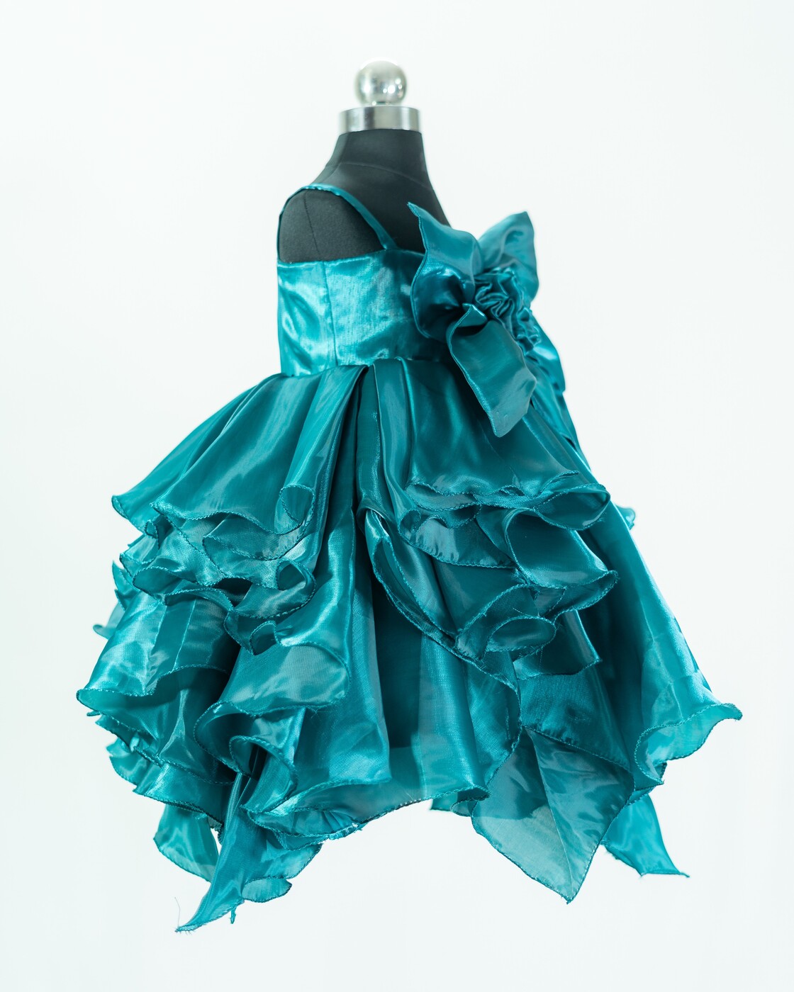 Teal Taffeta Dream - Regal Teal Ruffle Dress with Bow