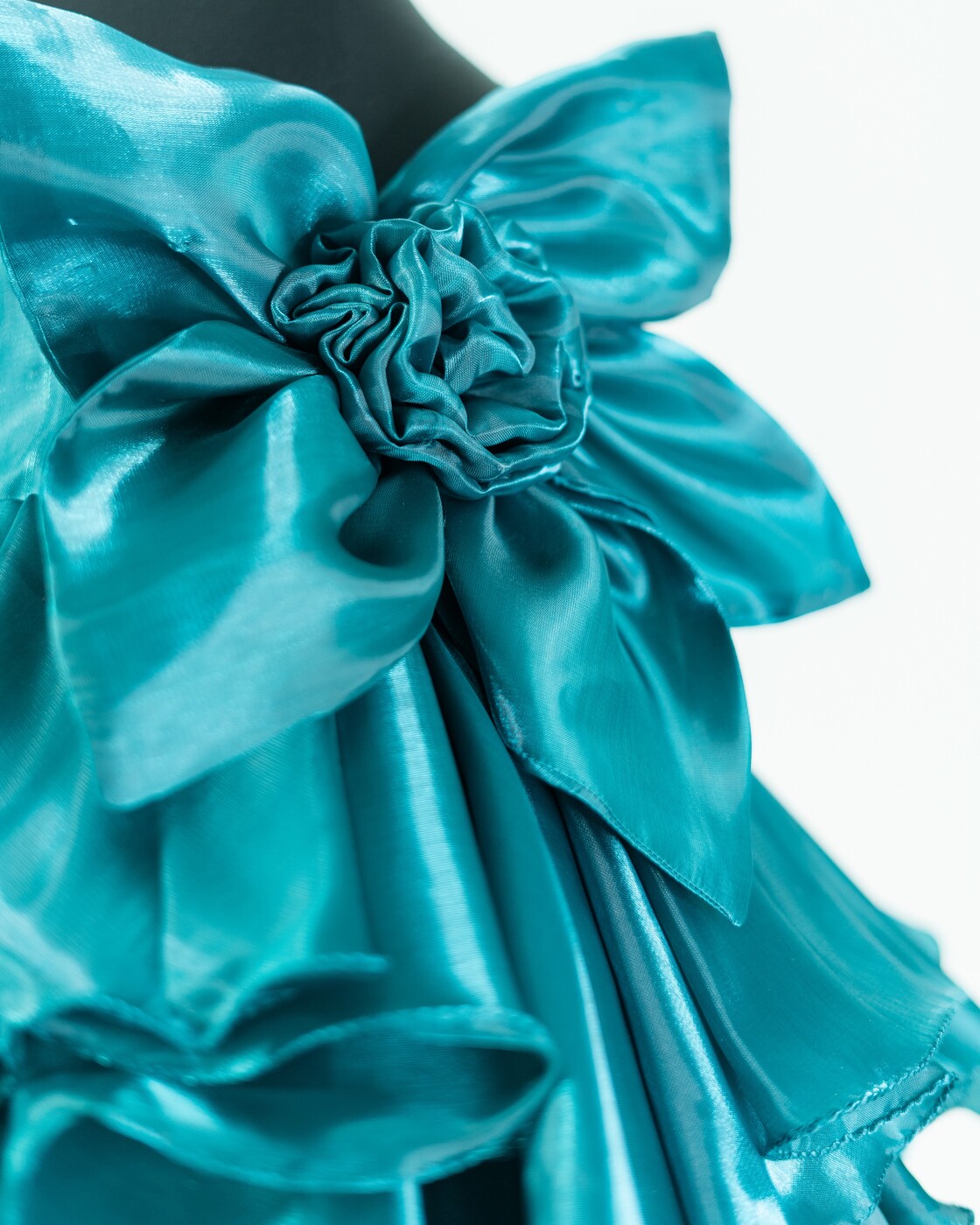 Teal Taffeta Dream - Regal Teal Ruffle Dress with Bow